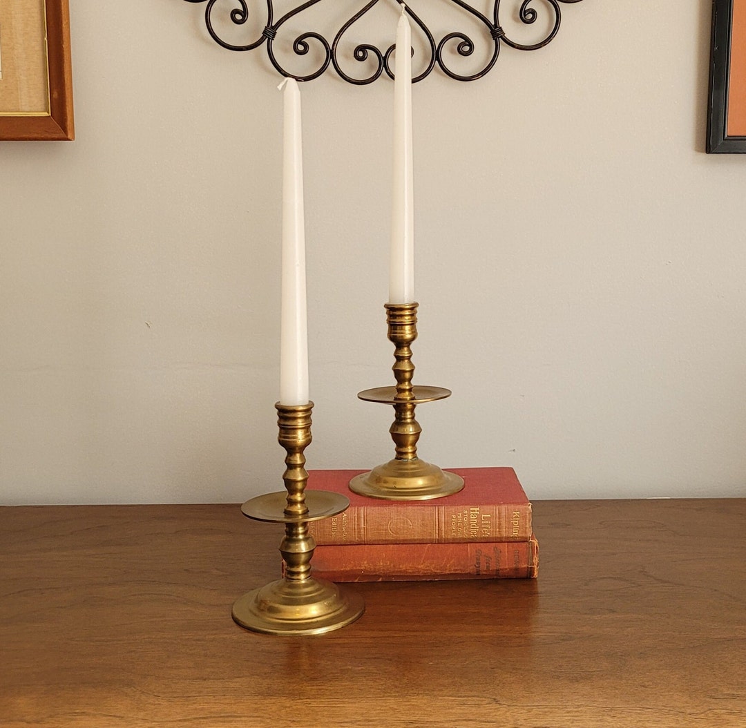 Vintage Pair Solid Brass Candlestick Holders Colonial Style With Wide ...