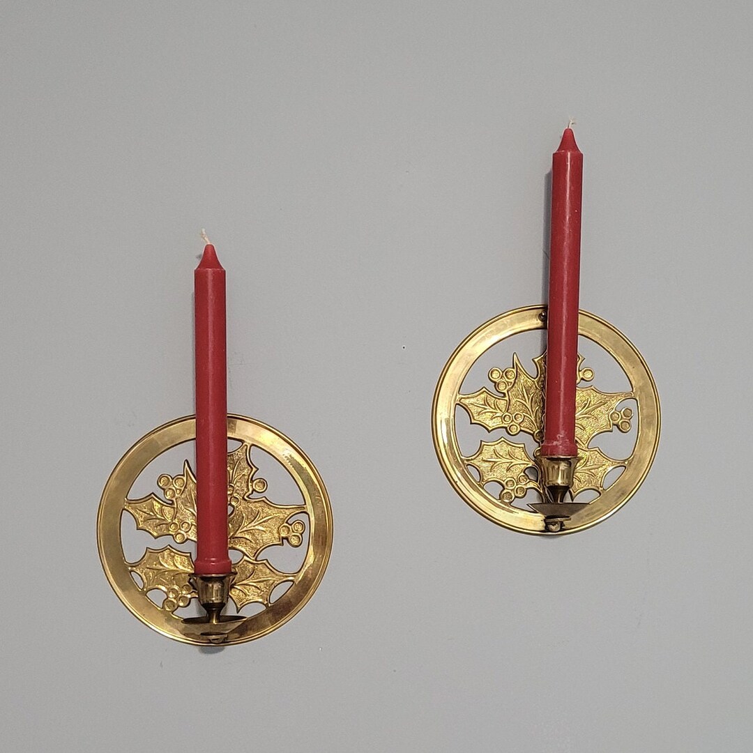 Vintage Brass Christmas Wall Sconces – Holly Berry Candle Holders, Made ...