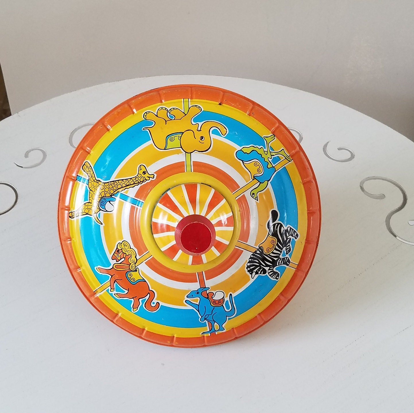 Vintage 1960s Large Tin Metal Toy Top With Colorful Carousel - Etsy ...