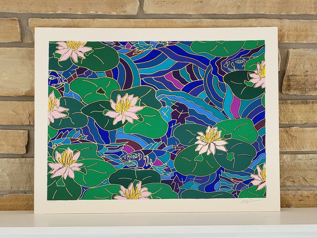 Original 1992 Alex Echo Serigraph of Waterlilies and Fish in Pond ...