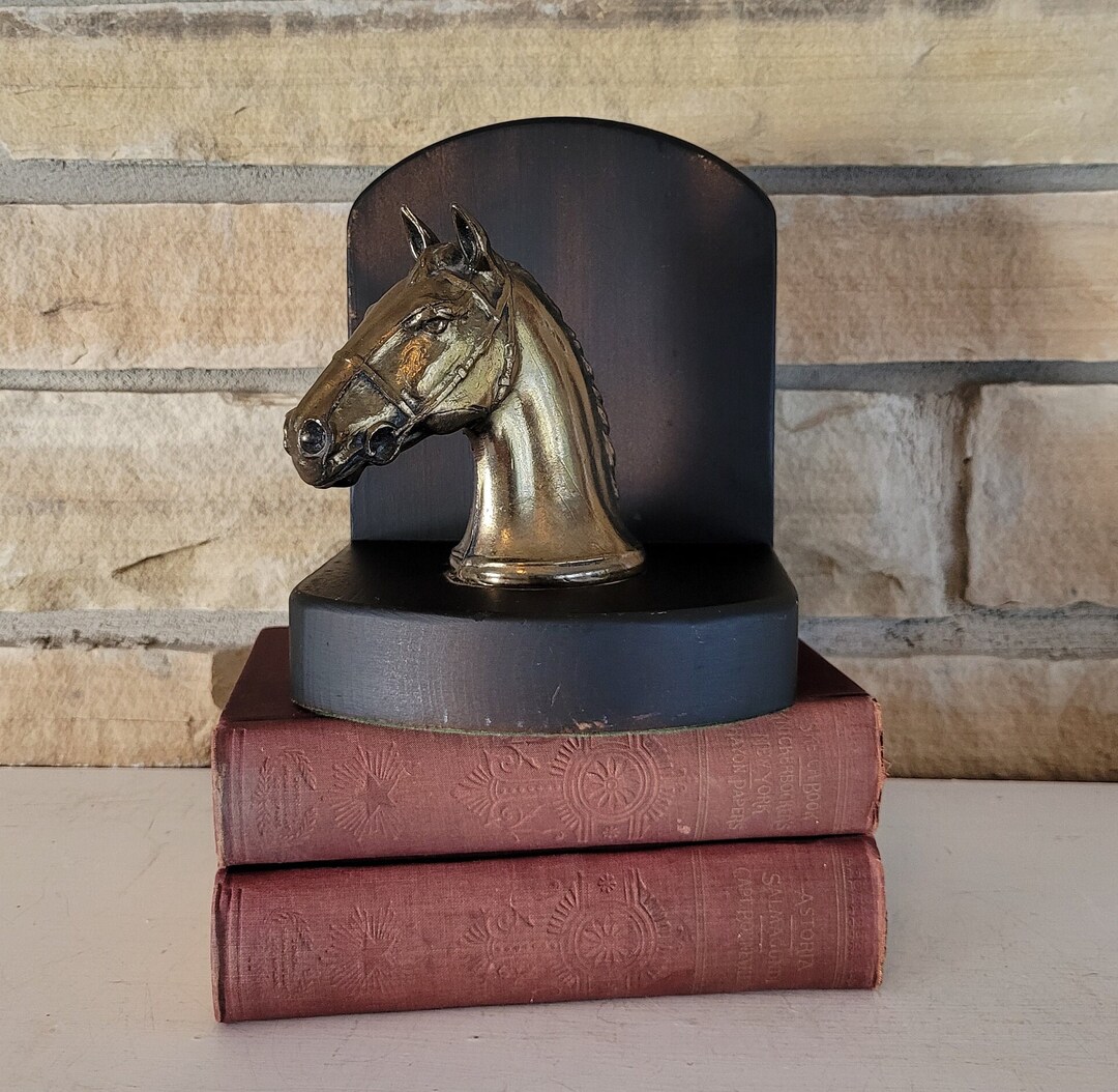 Vintage Bookend - Brass Horse Head on Wooden Base - Equestrian Western ...