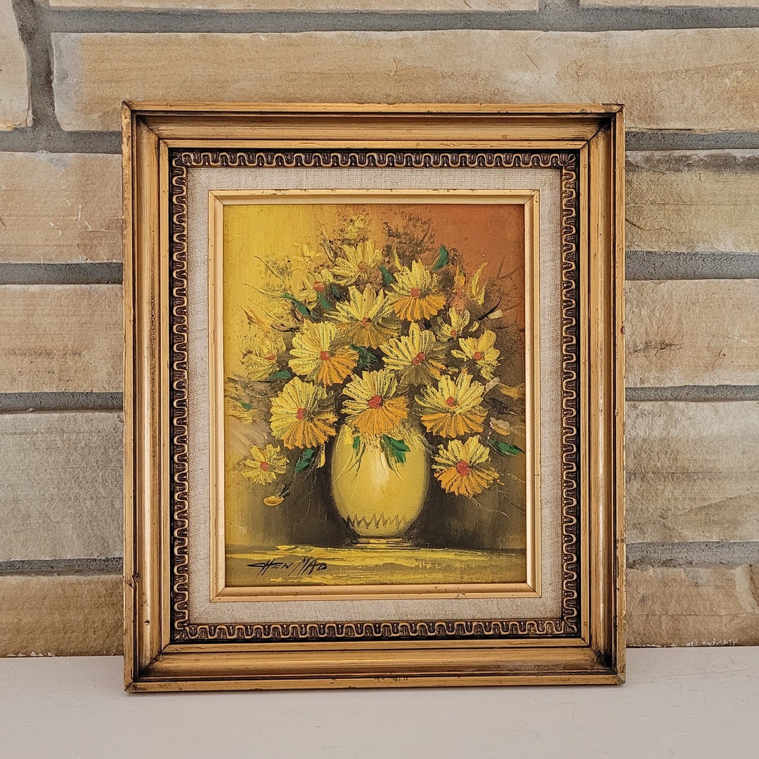 1960s Floral Oil Painting, Chen Mao School, Palette Knife, Gold Frame ...