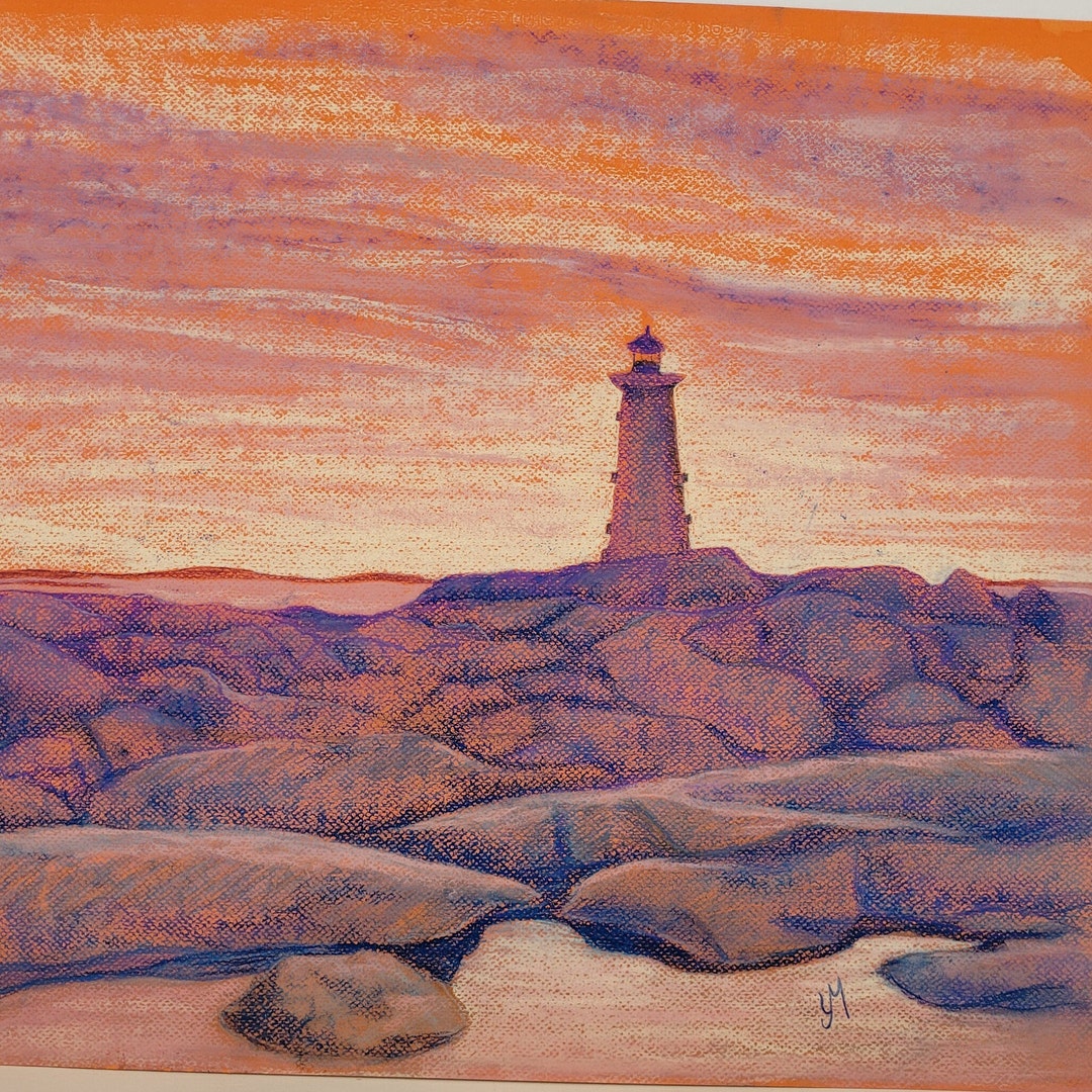 Original Large Impressionist Pastel Painting of Lighthouse on Rocky ...