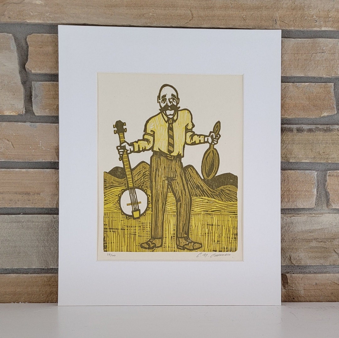 Vintage Banjo Player Woodcut – Signed Limited Edition Artwork, Ready to ...