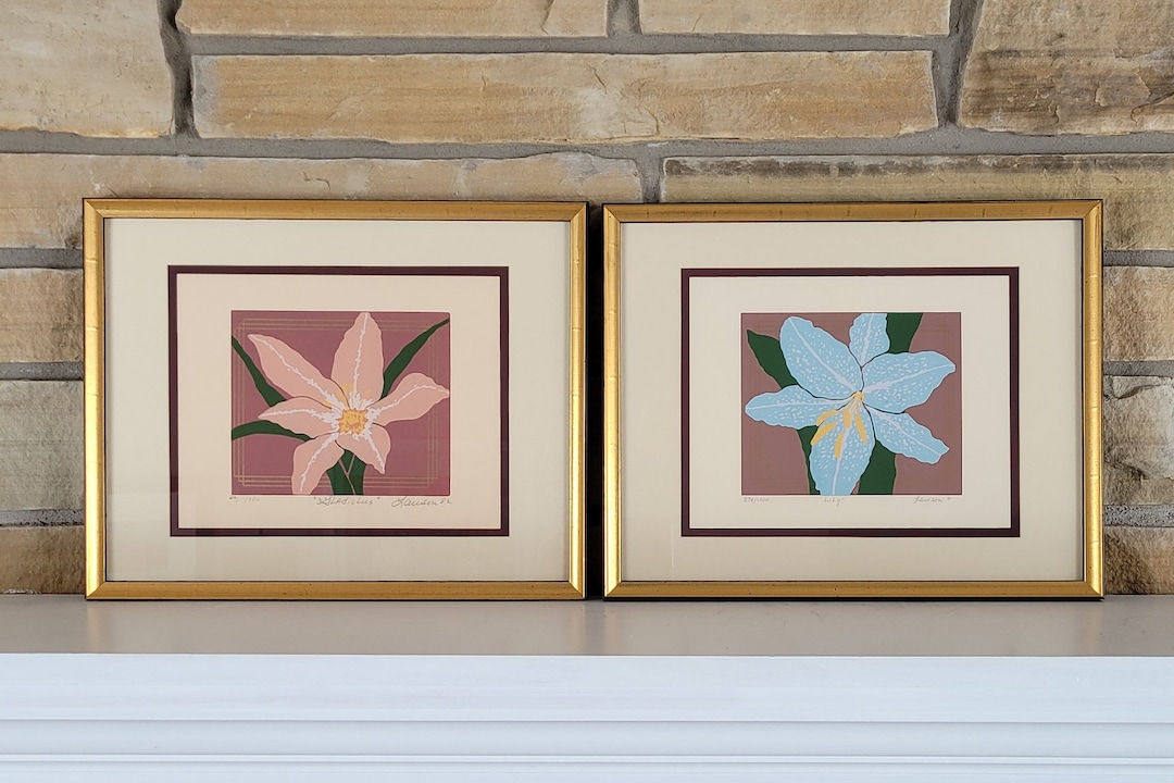 1982 Pair Original Handmade Serigraphs of Gladiolus and Lily Flowers ...
