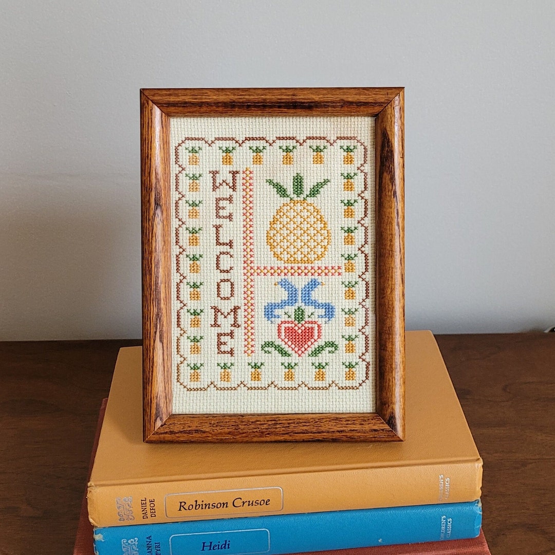 Vintage Framed Cross Stitch Sampler – Welcome Sign, Pineapple Folk Art ...
