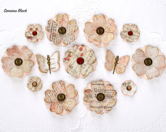 Handmade Paper Flowers and Butterflies With Brads, Set of 13, Junk ...