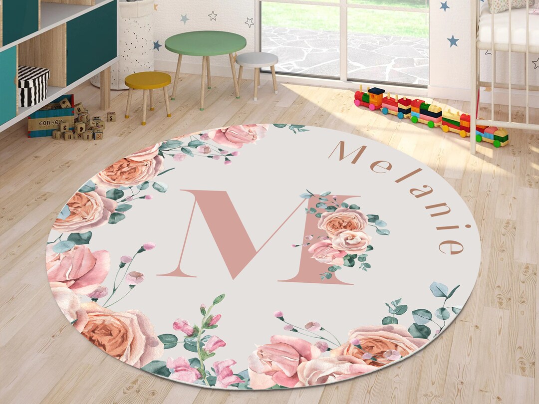 Custom Name and Initial Round Rug Sweet Pink Flowers Rug Adorable Kids ...