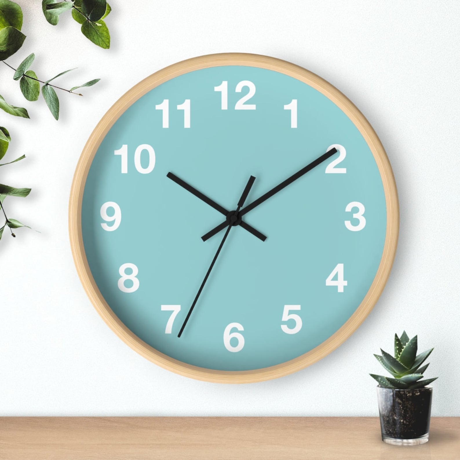 Turquoise Background Wall Clock Wooden Frame Quiet Wall Clock - Etsy