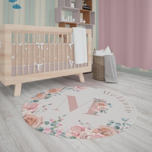 Custom Name and Initial Round Rug Sweet Pink Flowers Rug Adorable Kids ...