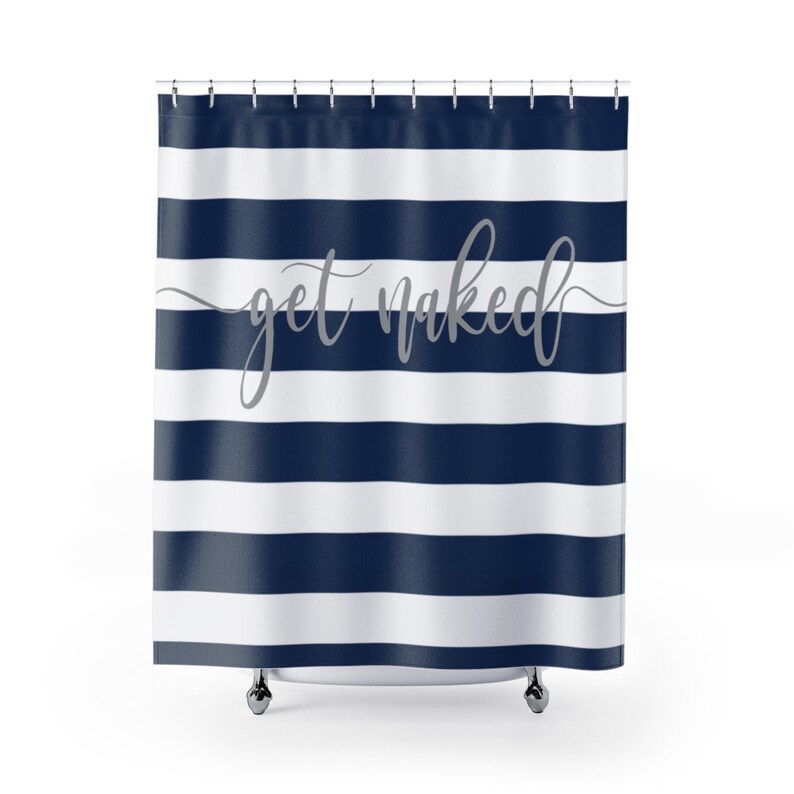 Get Naked Shower Curtain Navy Blue And White Stripes Shower Etsy