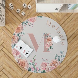 Custom Name and Initial Round Rug Sweet Pink Flowers Rug Adorable Kids ...