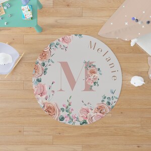 Custom Name and Initial Round Rug Sweet Pink Flowers Rug Adorable Kids ...
