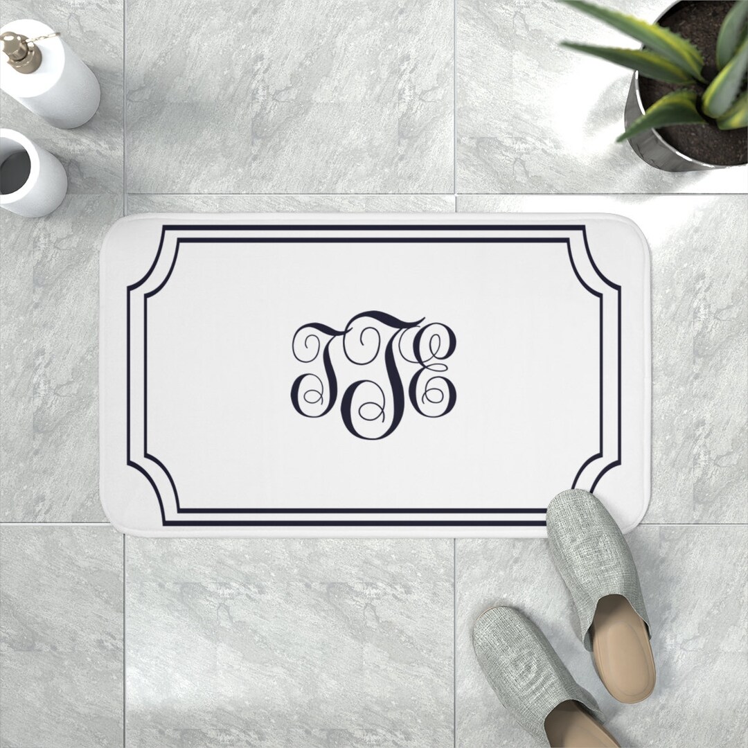 Monogrammed Bath Mat in Navy Blue and White Elegant Bath Mat With Your ...