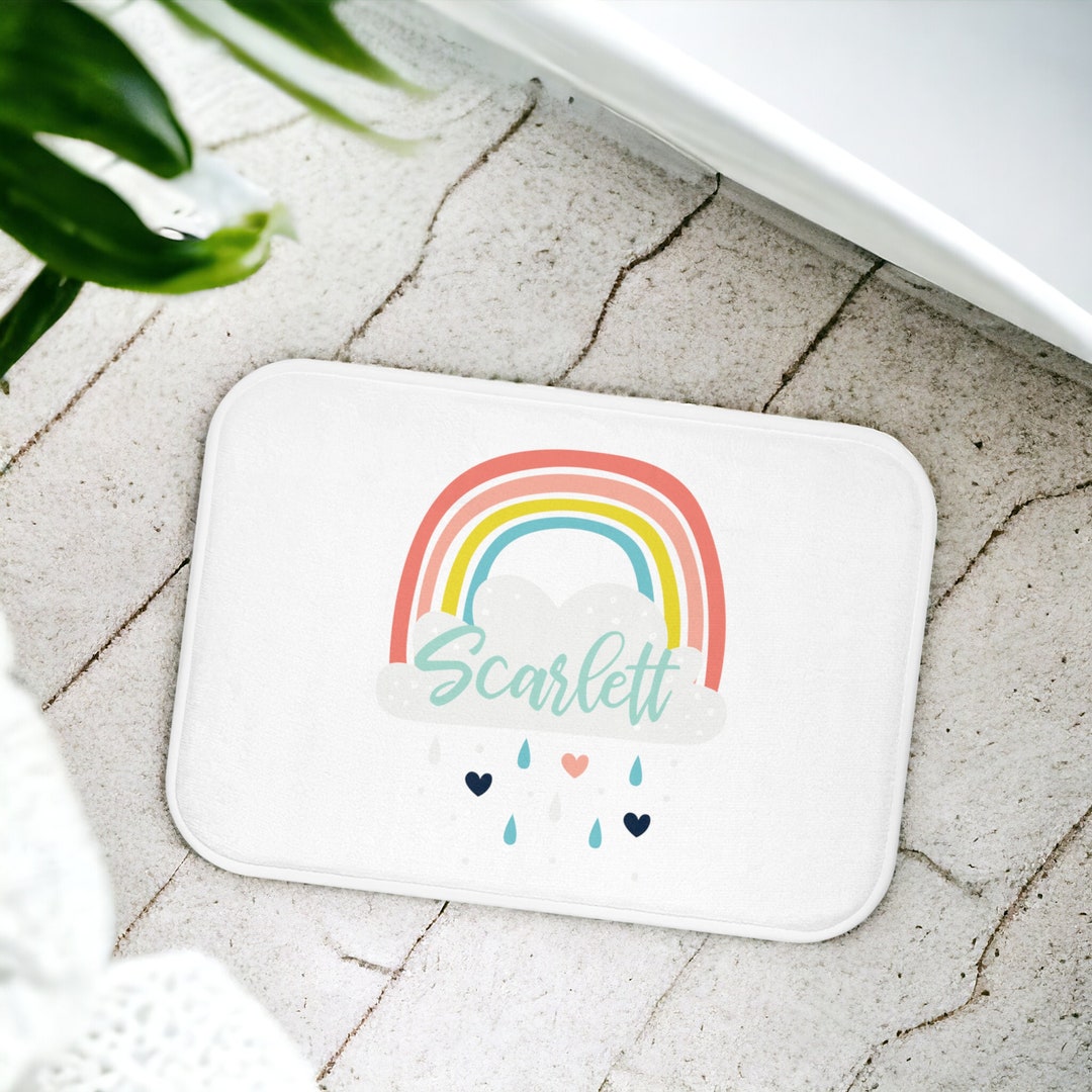 Personalized Rainbow Bath Mat Cute Kids Bathroom Decor Girl's Shower ...