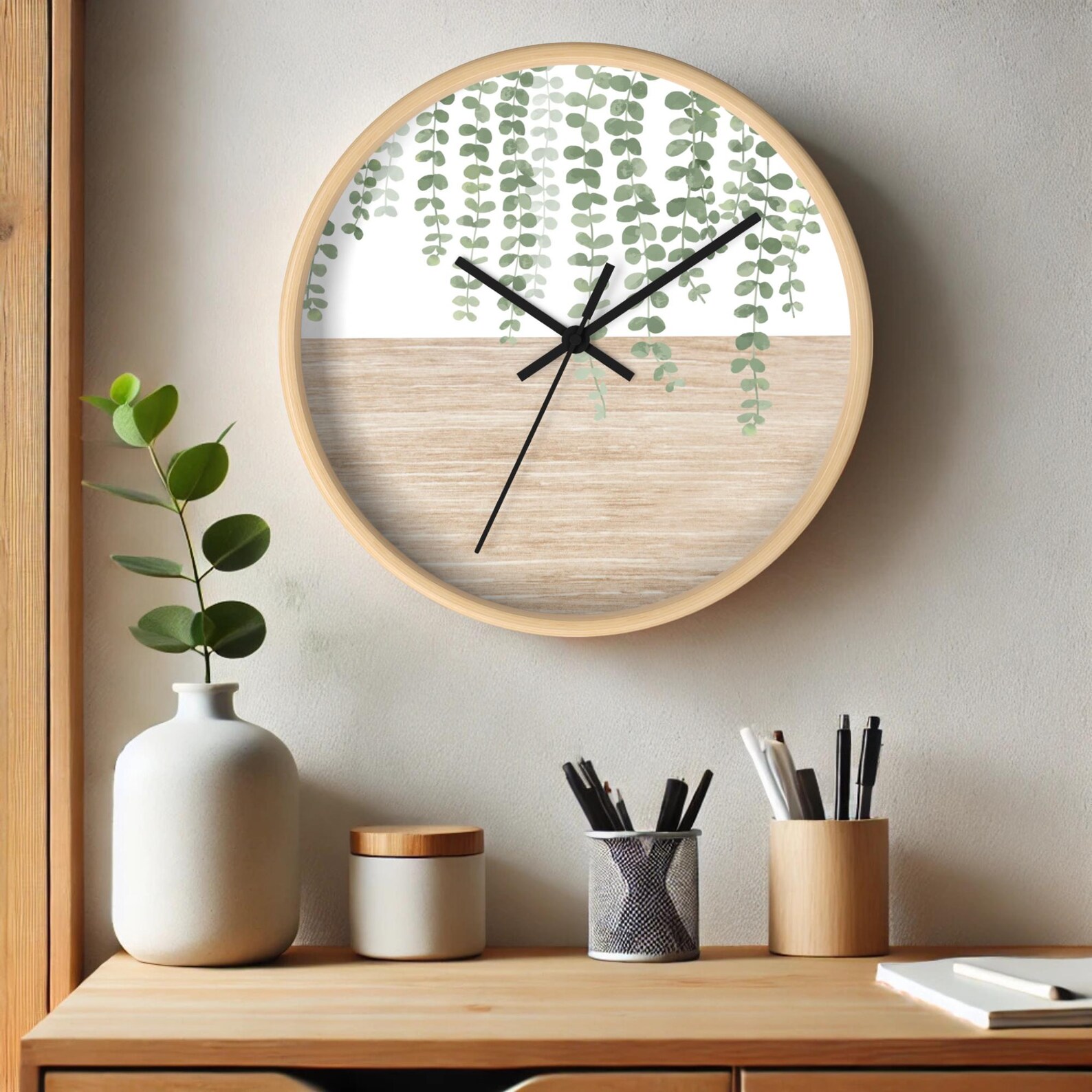 Eucalyptus Leaves Round Wooden Wall Clock | Leaves and Branches Quiet ...
