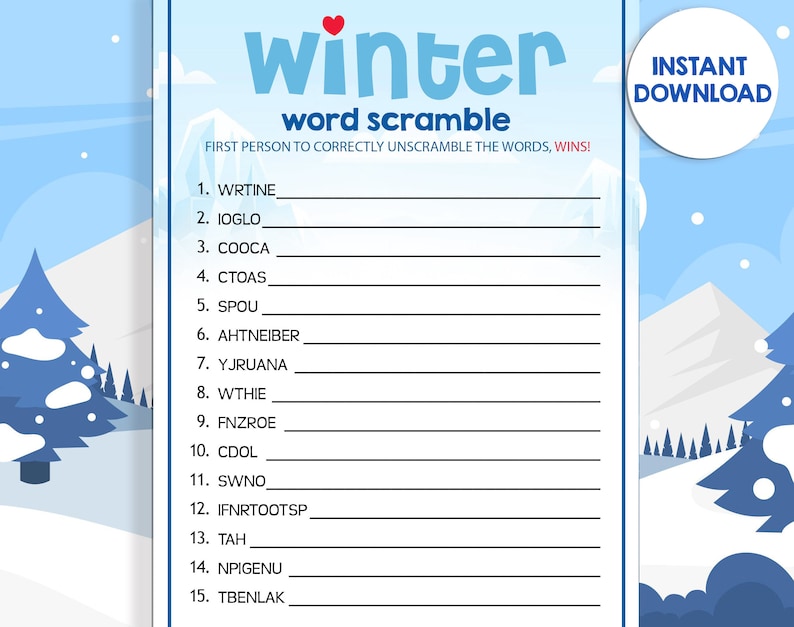 Winter Word Scramble Games Fun Holiday Party Wintertime Family Kids ...