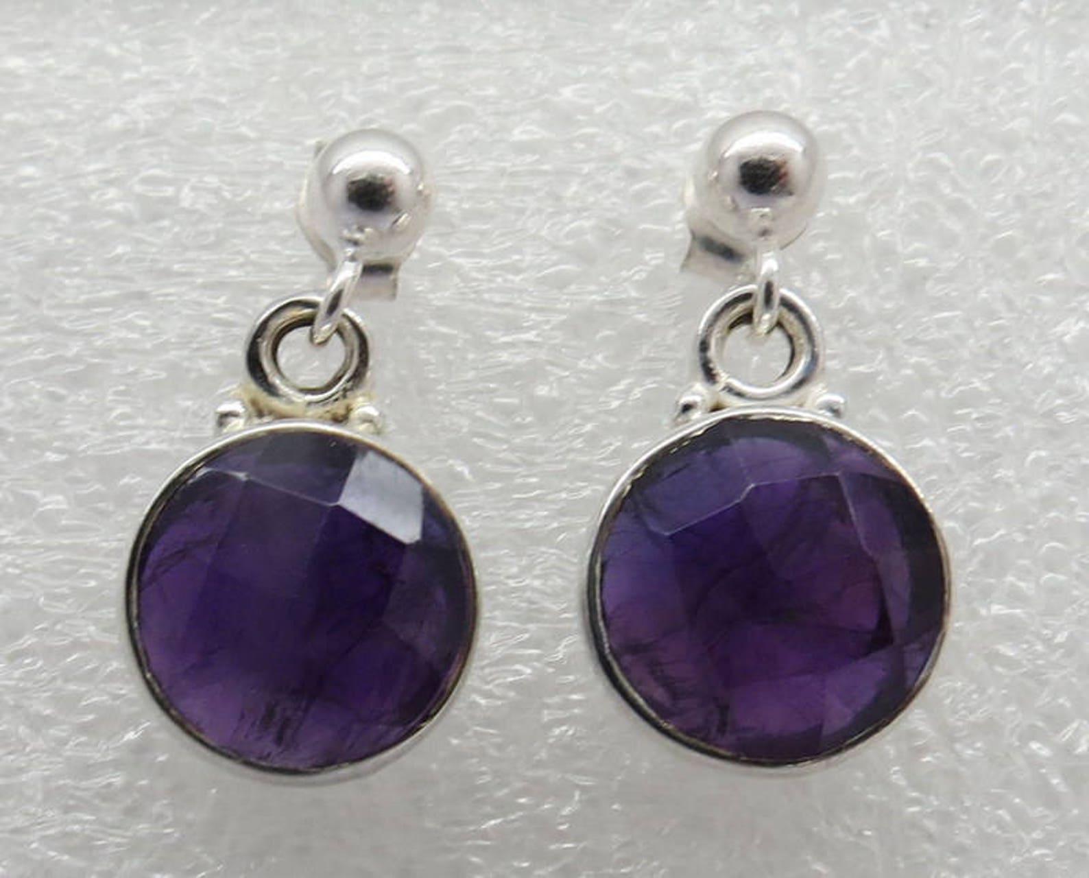 925 Sterling Silver Earrings Natural Amethyst Gem Stone 11mm Round ...