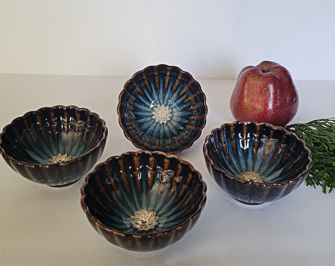 4 Golden Peacock Jian Zhan Tenmoku Tea Ware Cups With 3D Silver Blossom ...