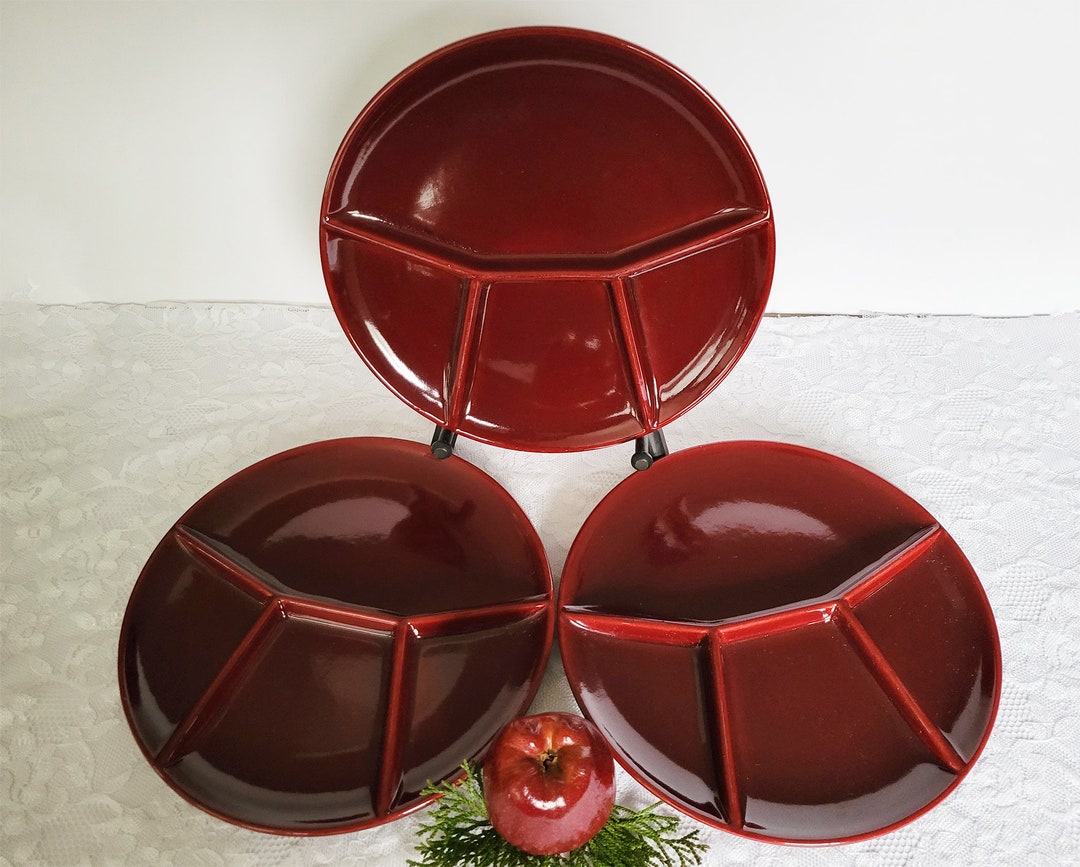REDUCED 3 Steuler Ceramic #4350 Burgundy 9" Divided Fondue Plates, W ...