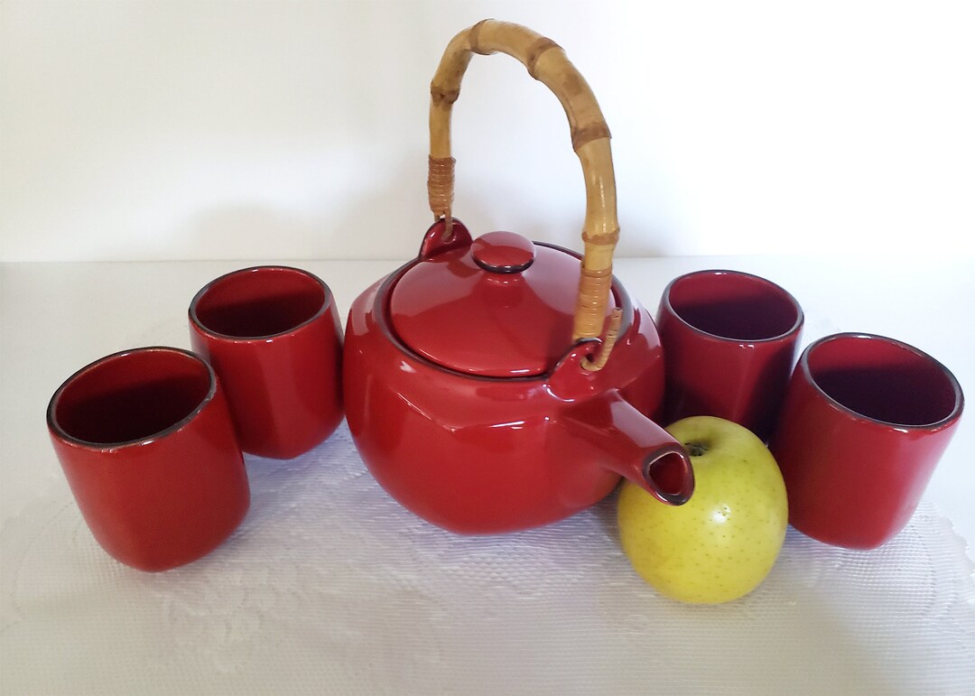 Vintage Red Cinnabar Teapot Set: Southern Living at Home, Bamboo Handle ...