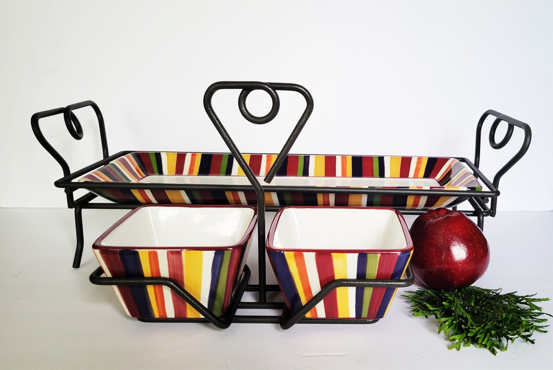 Vtg Pampered Chef 5 Pc Simple Additions Ceramic Striped Ceramic Server ...