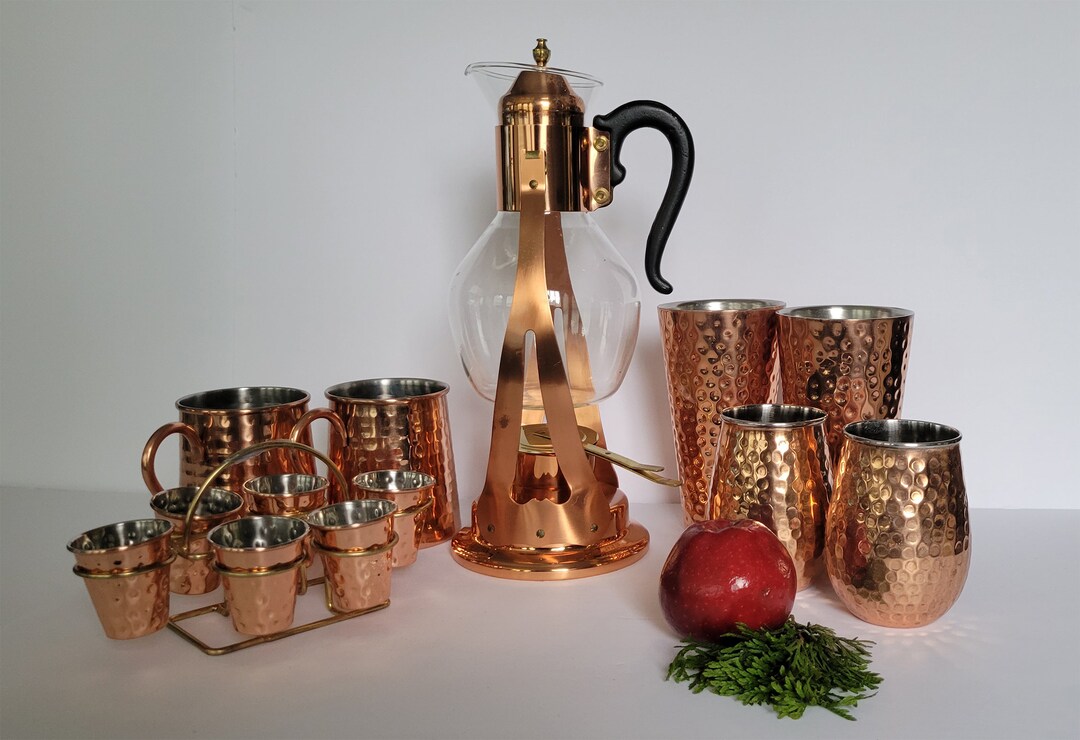 REDUCED Vintage Copper Bar Set: Carafe, Mule Mugs, Tumblers & Shot ...