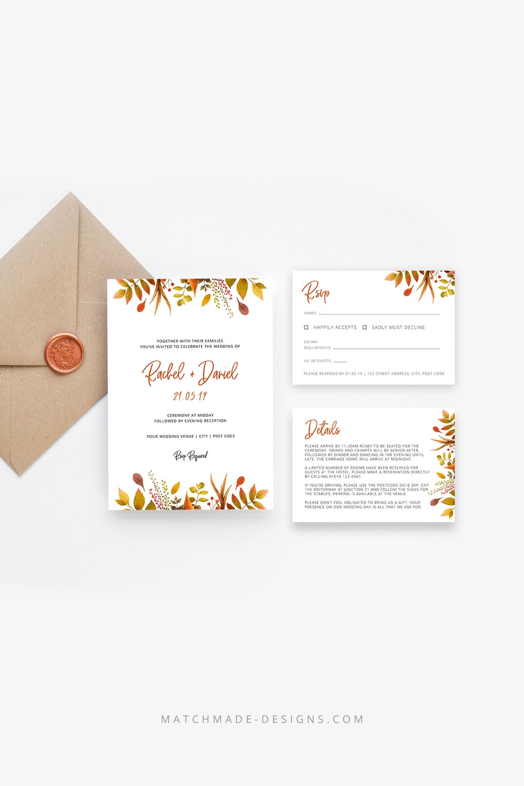 Fall Wedding Invitation Template Autumn Wedding Invite Printable Fall ...