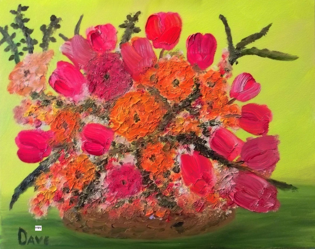 Art Print of Oil Painting by Dave. Still Life Flowers Roses Basket ...