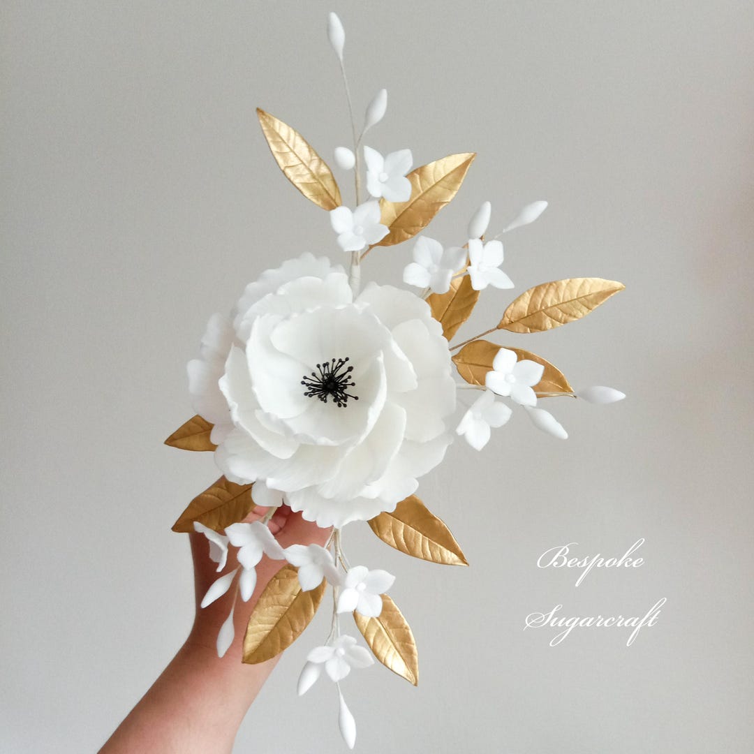 Bespoke Sugarcraft White, Black and Gold Sugar Flowers Spray, Made to ...