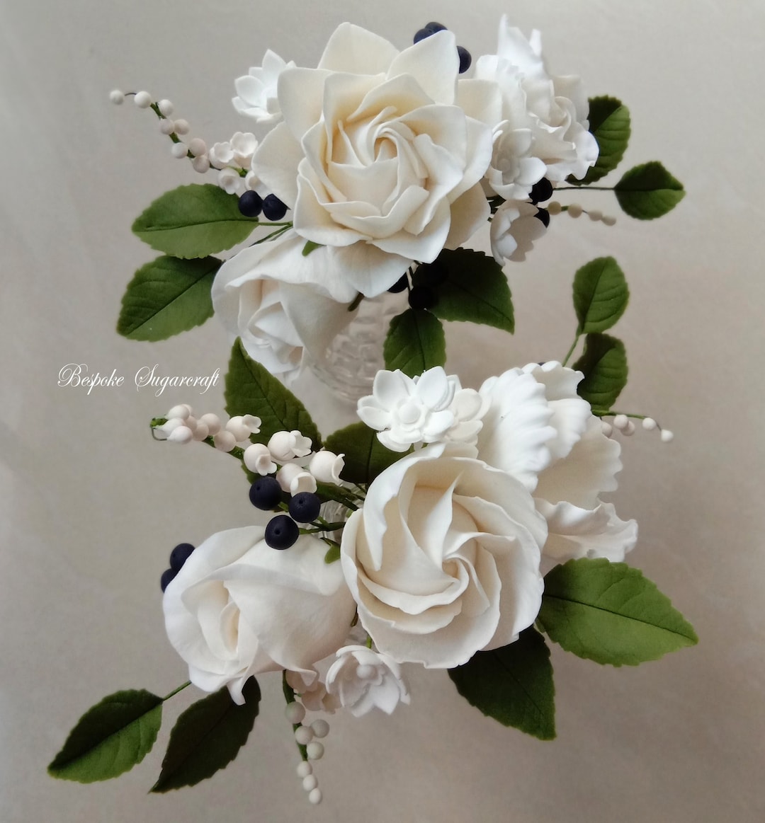 Bespoke Sugarcraft - White Sugar Flowers and Leaves Spray, Made to ...