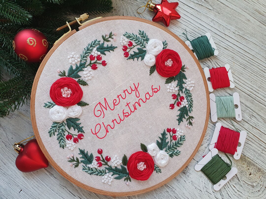 Christmas Floral Wreath Hand Embroidery Pattern for Beginner, PDF ...