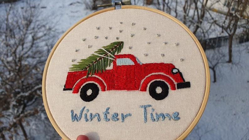 Christmas Car Hand Embroidery Pattern for Beginner, Winter Hoop Art ...