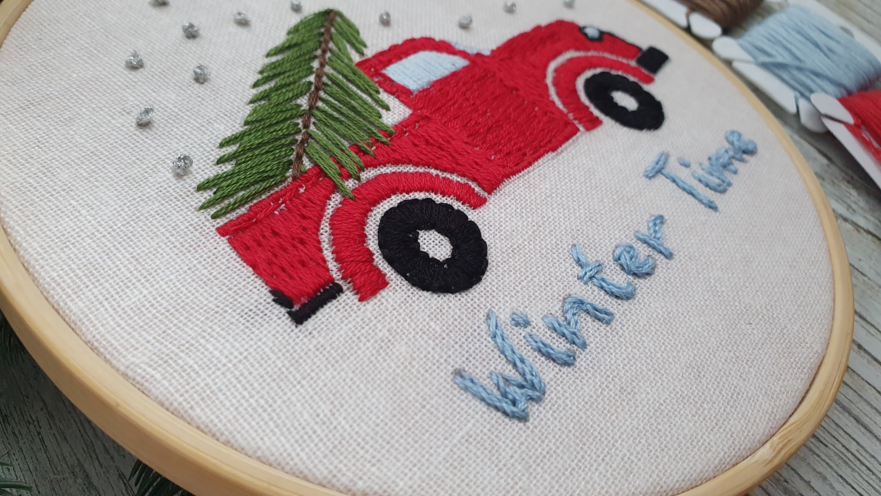 Christmas Car Hand Embroidery Pattern for Beginner, Winter Hoop Art ...