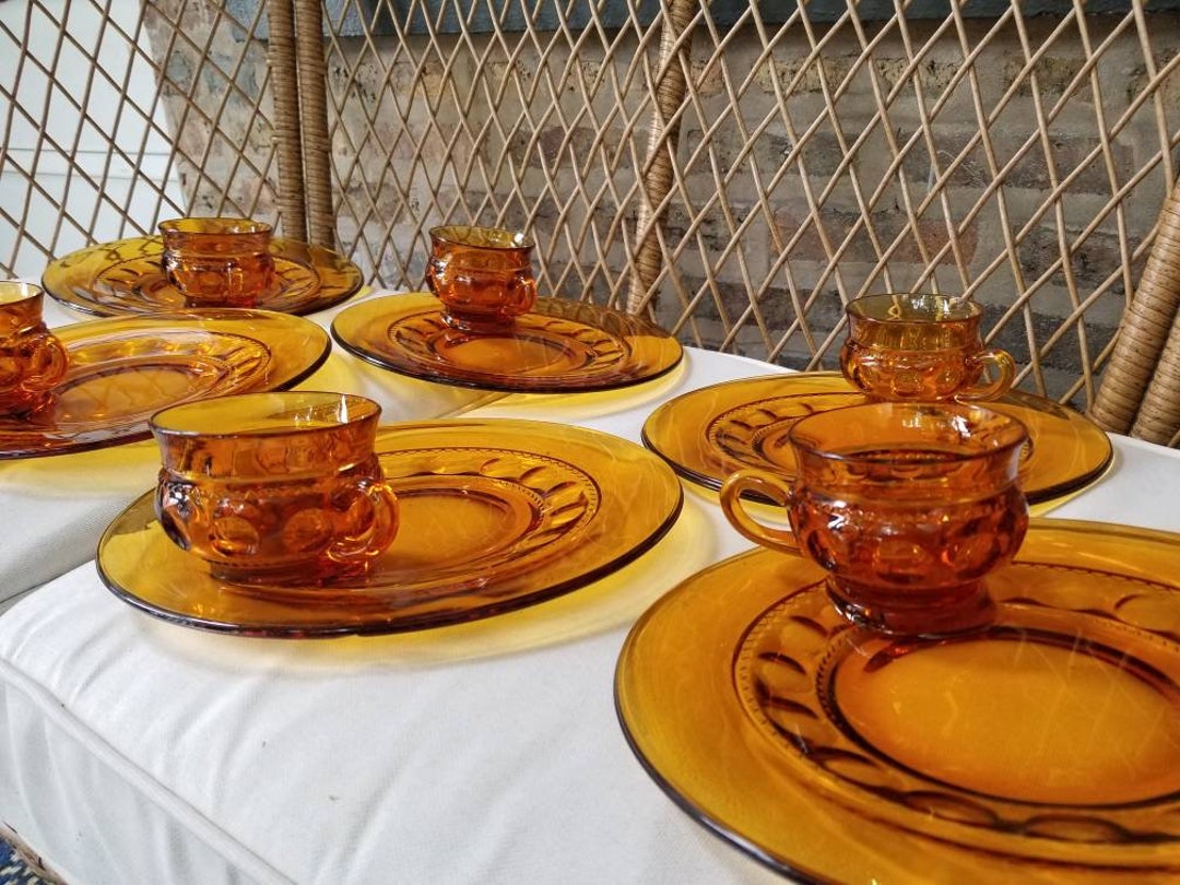 Vintage Indiana Glass Luncheon Plates With Cups in Amber Thumbprint or ...