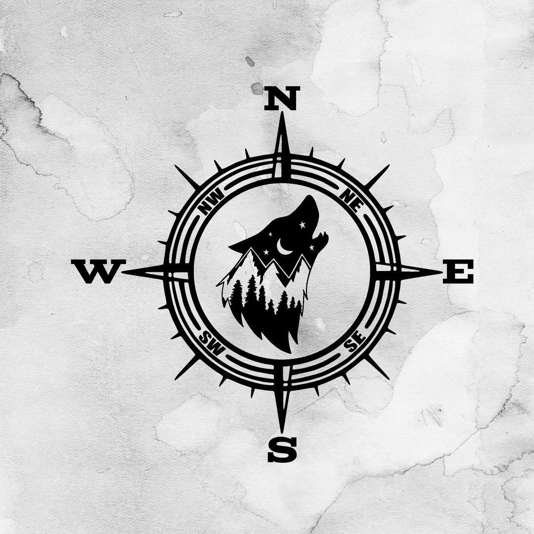 Compass Decal With Howling Wolf, Mountain and Trees - Vinyl Car Decal ...