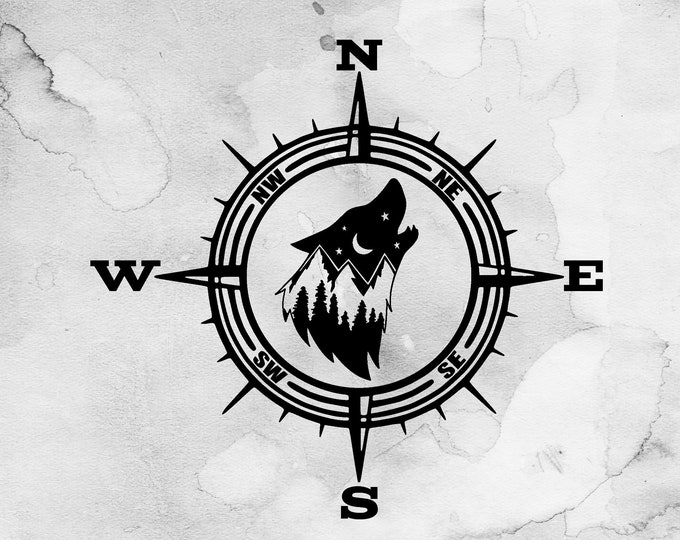Large Compass Howling Wolf Vinyl Decal - Compass Decal - Large Wolf ...