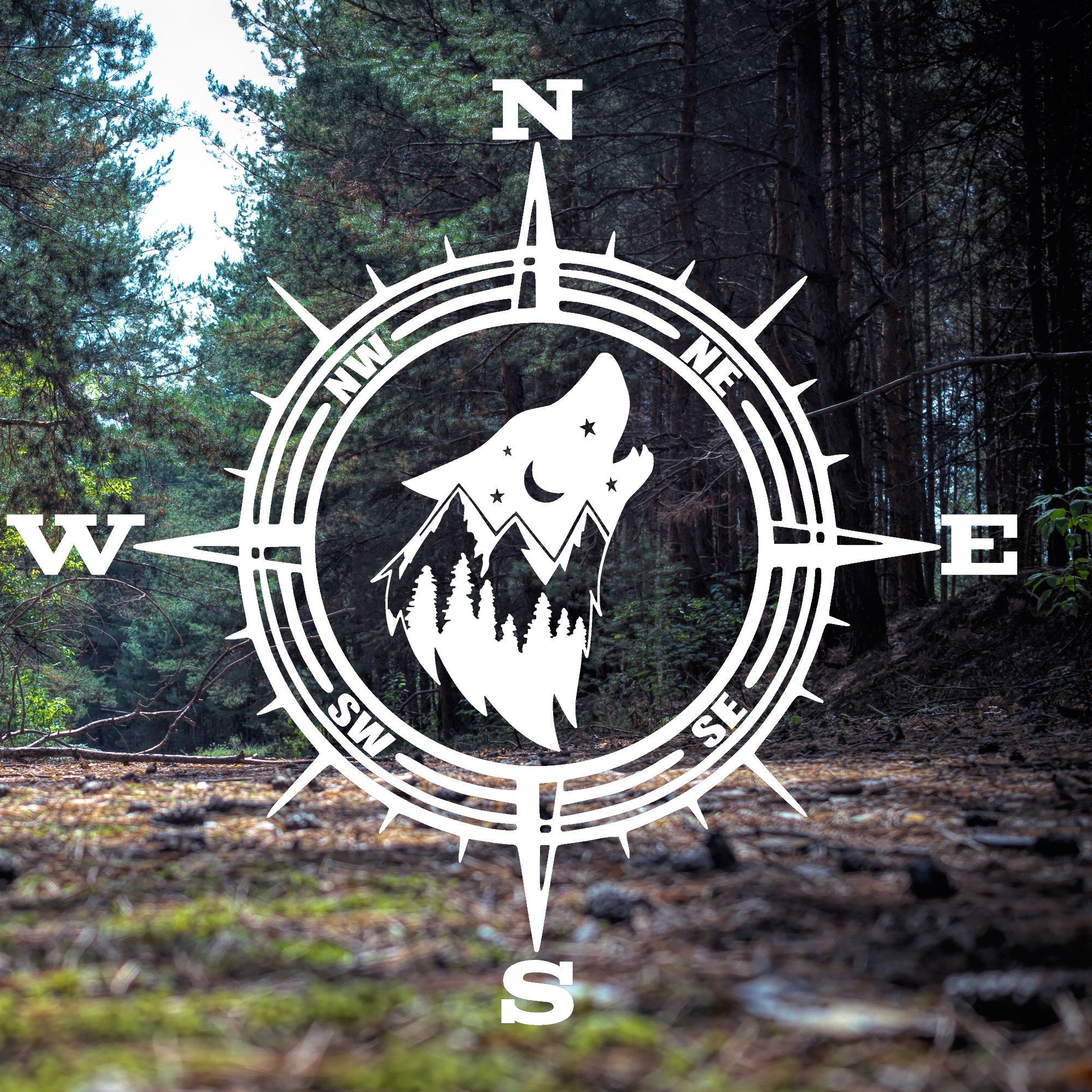 Compass Decal With Howling Wolf, Mountain and Trees - Vinyl Car Decal ...