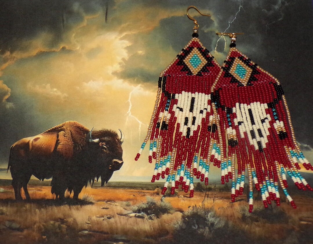 Native American Style Bison Buffalo Skull Beaded Earrings 5" Long With ...