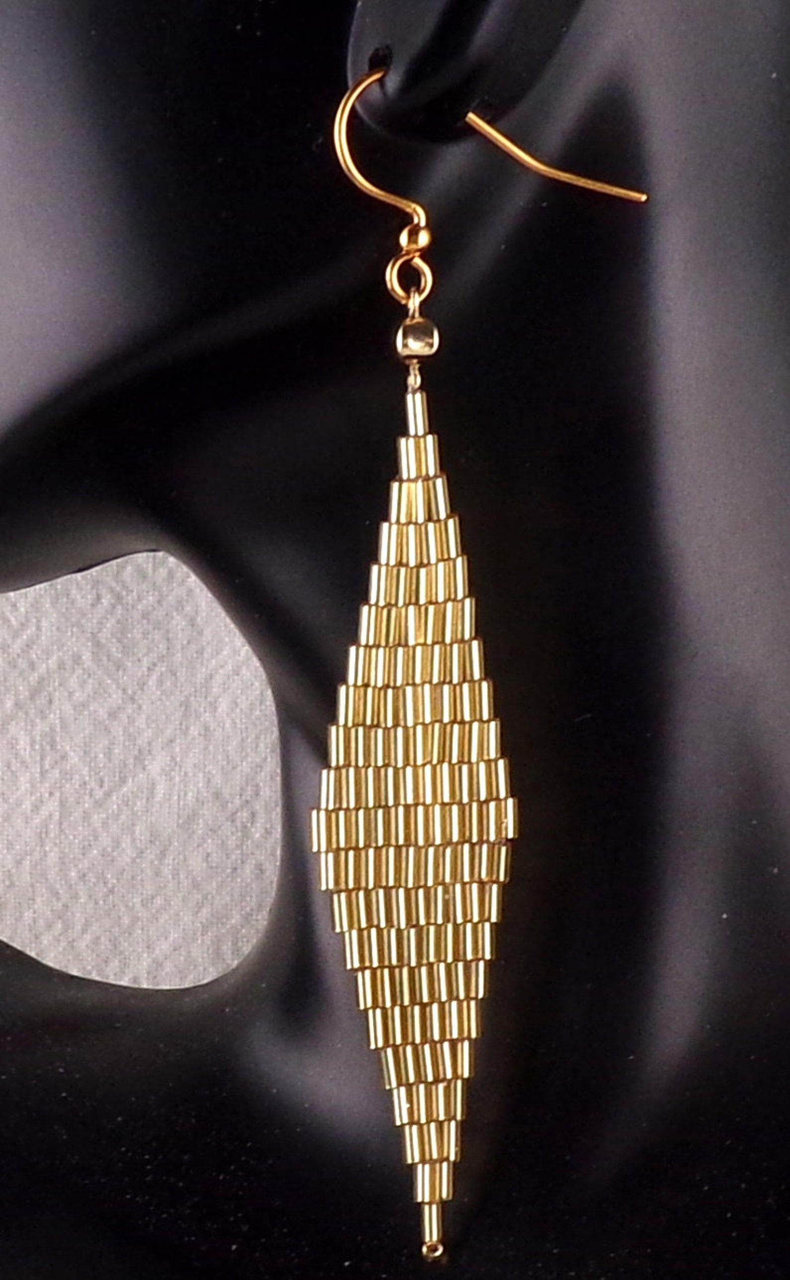 Sparkling Long Gold Glass Bugle Bead Rhombus Evening Earrings - Etsy UK