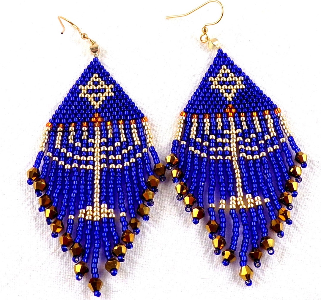 Beaded Gold Menorah Star of David Fringe Dangle Earrings Glass Gold and ...