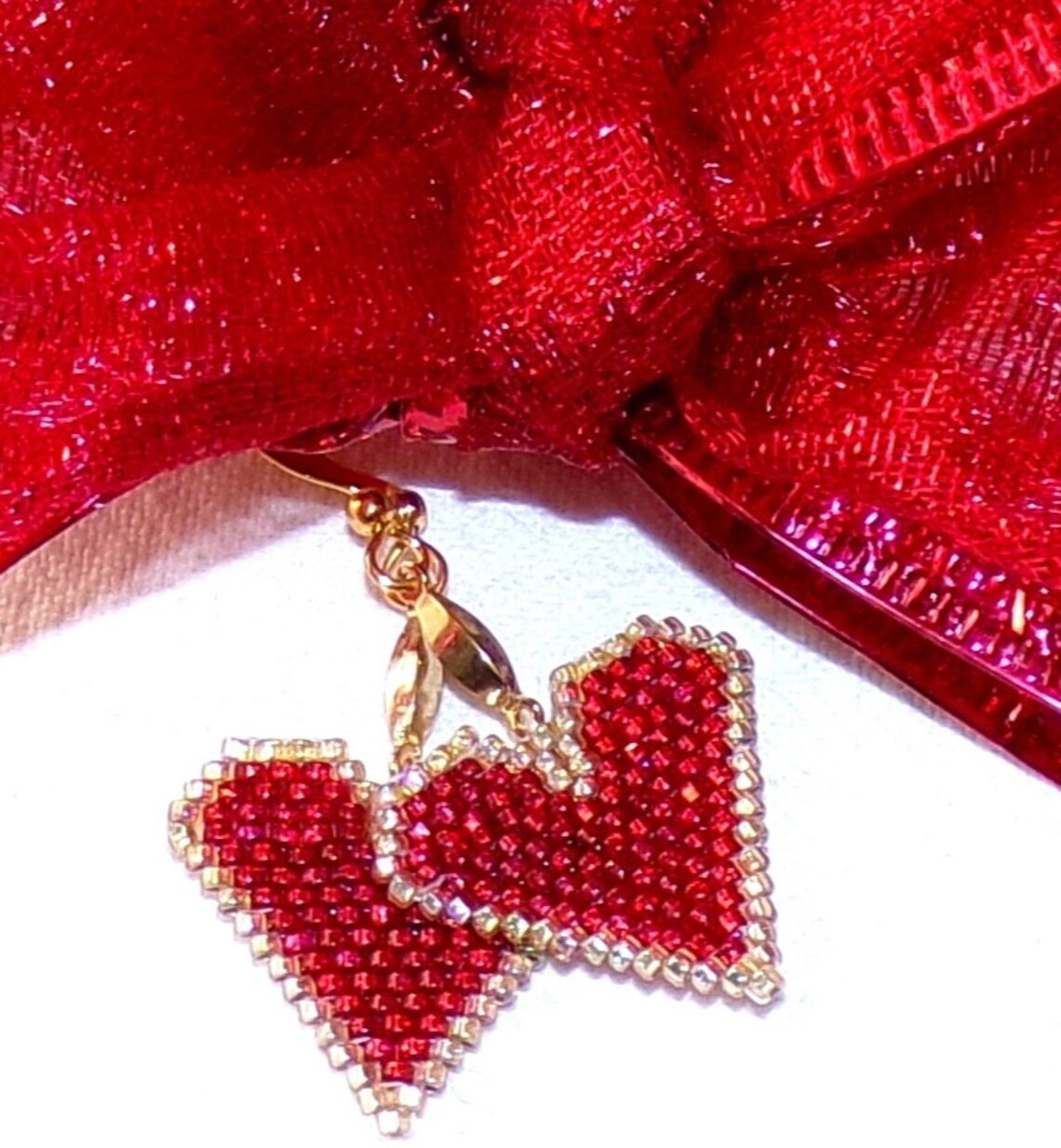 Valentine Red Heart Earrings Beaded Sparkling Red & Gold Glass - Etsy