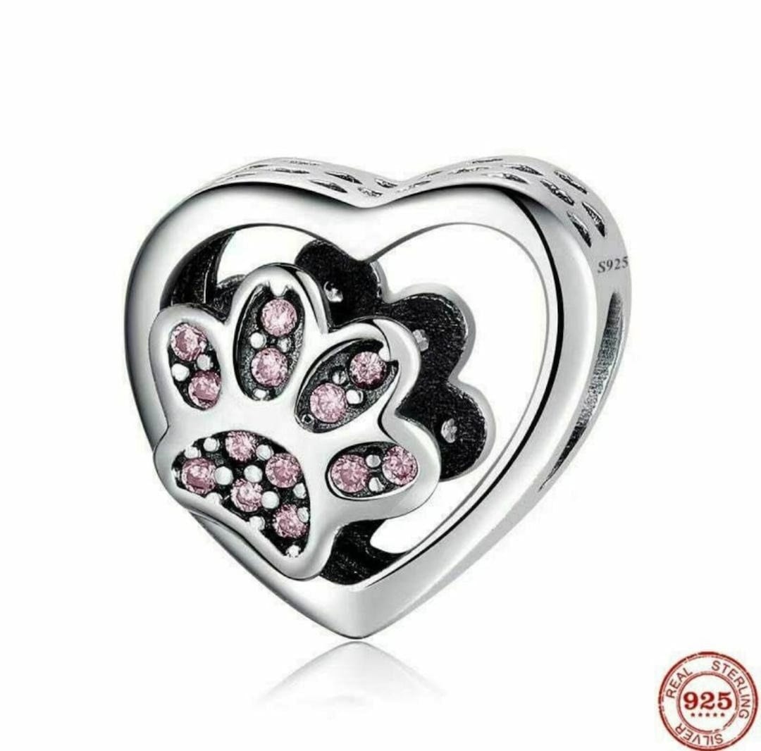 S925 Sterling Silver Rose Gold Dog Paw Print Pet Pave Charm Bead Fits ...