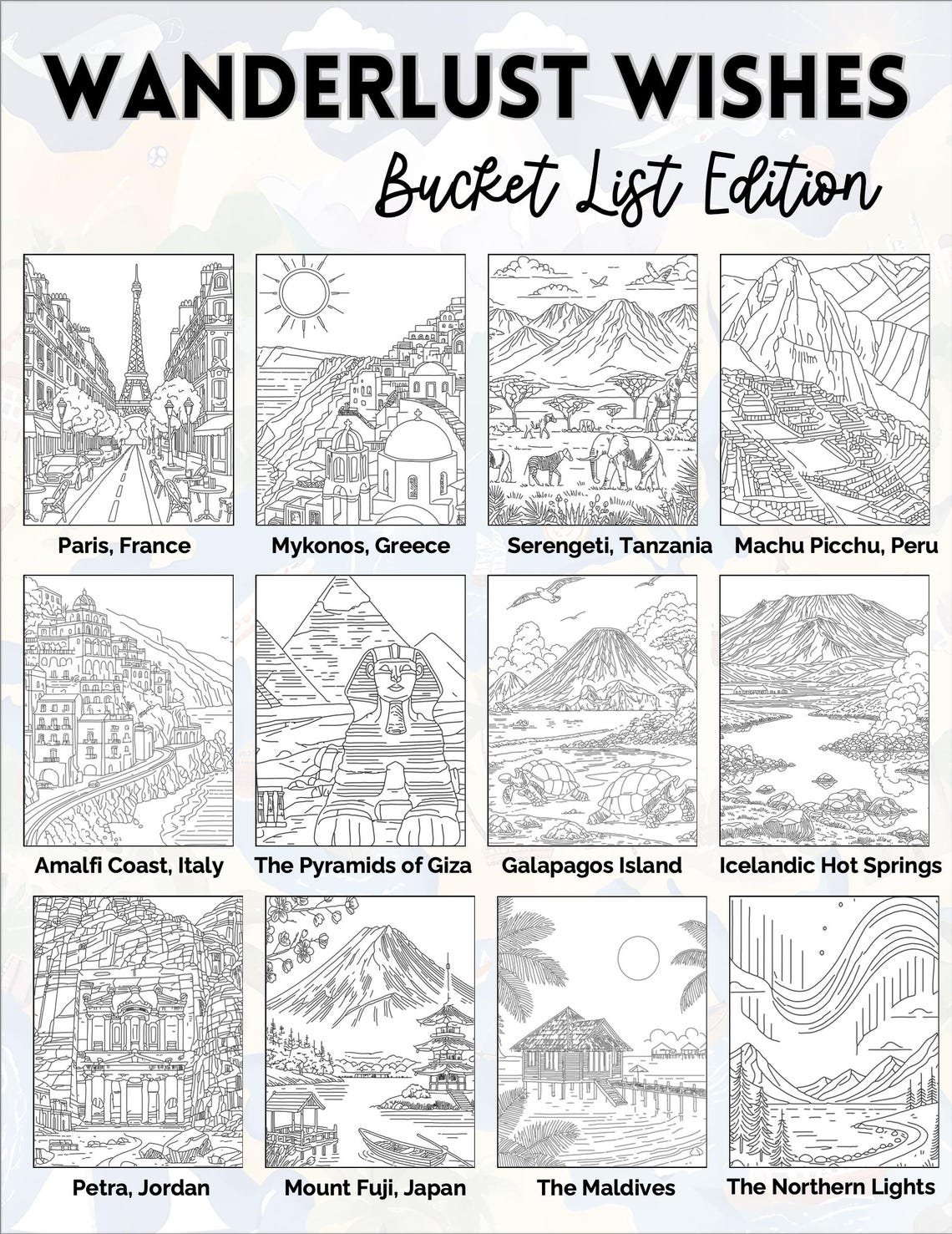 Printable Travel Coloring Book | Bucket List Edition | Travel Coloring ...