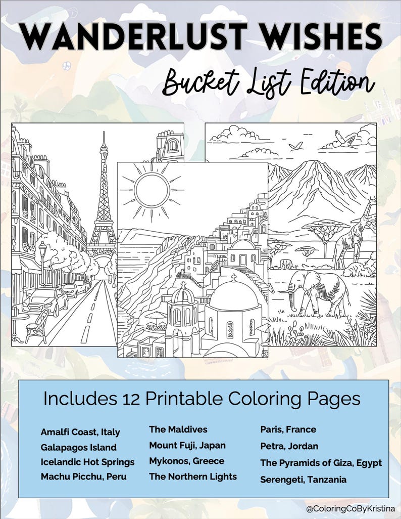 Printable Travel Coloring Book | Bucket List Edition | Travel Coloring ...