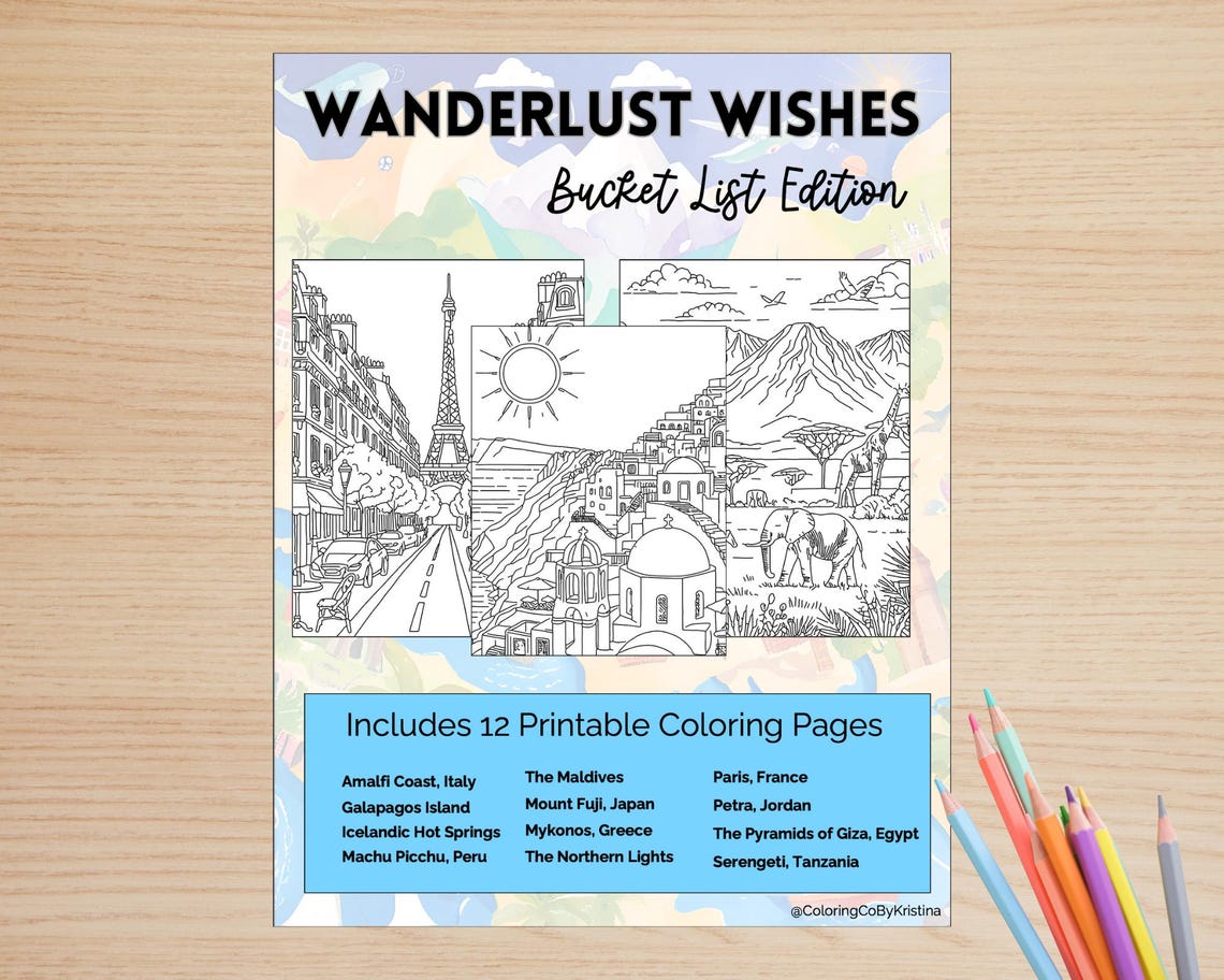 Printable Travel Coloring Book | Bucket List Edition | Travel Coloring ...