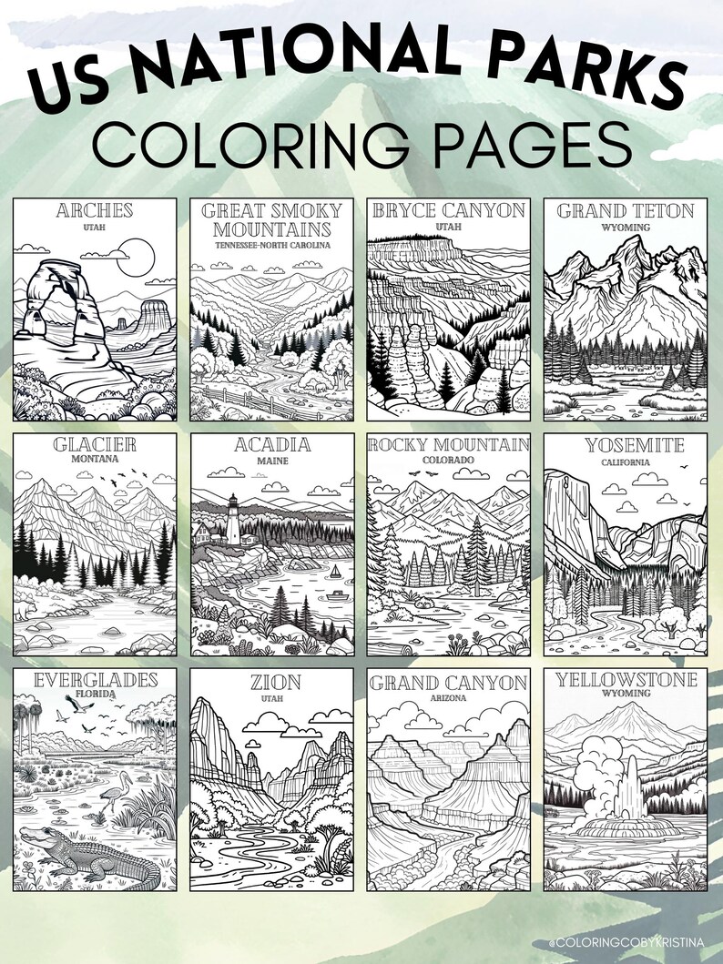 US National Parks Coloring Book 12 Iconic Parks Printable Activity for ...