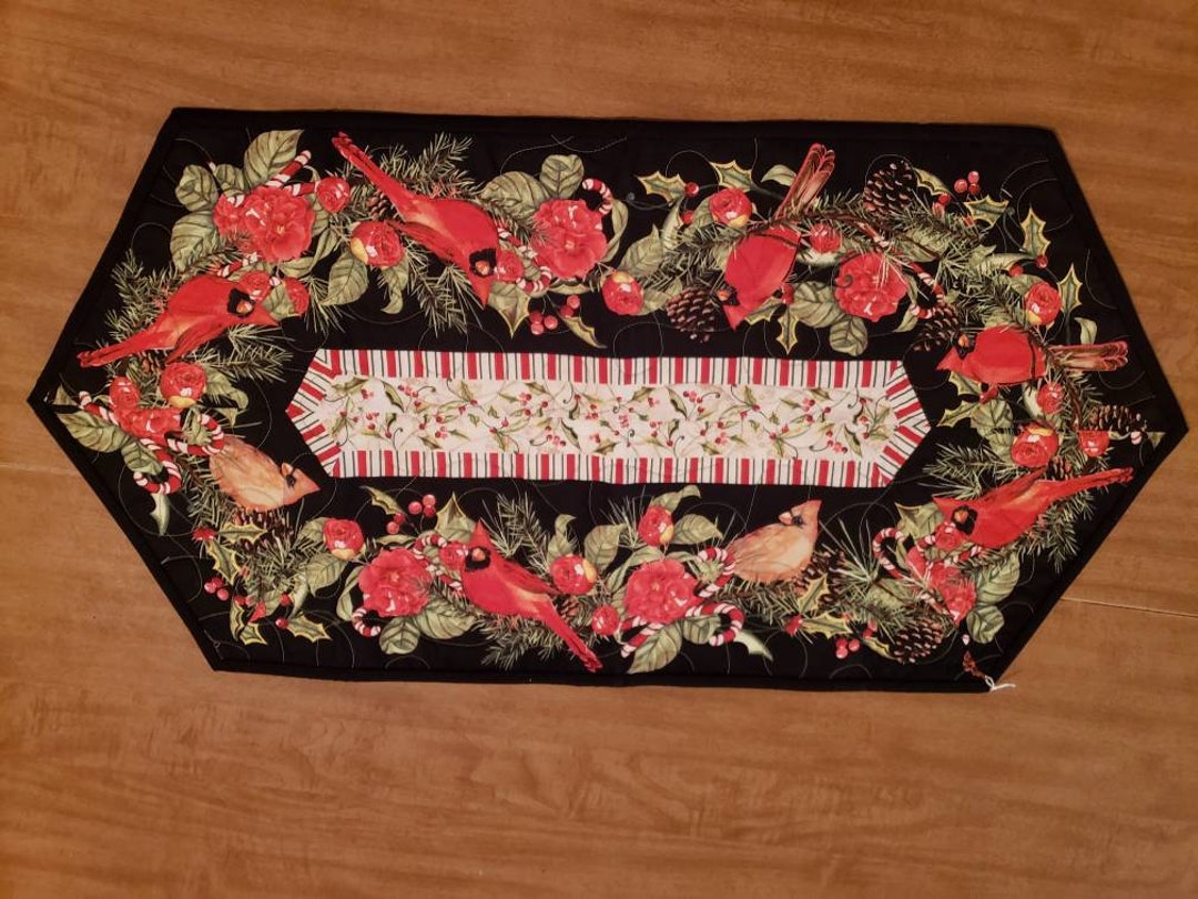 Table Runner, Cardinal, Candy Canes, Flowers, Holly and Berries ...