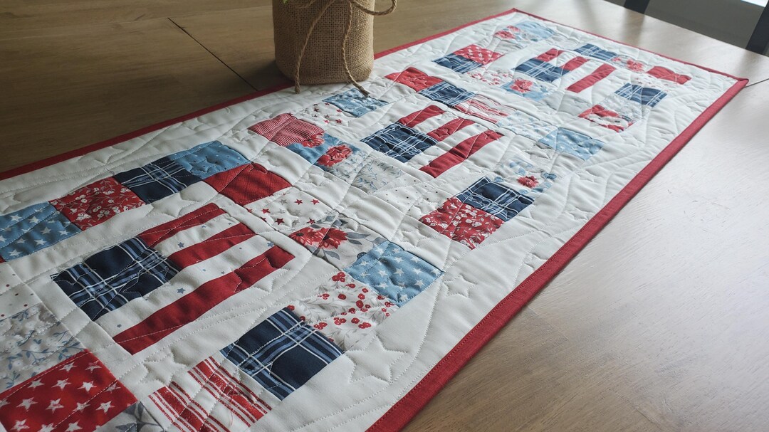 Patriotic Flags Quilted Patchwork Table Topper, Red White and Blue Table Top Quilt Centerpiece ...