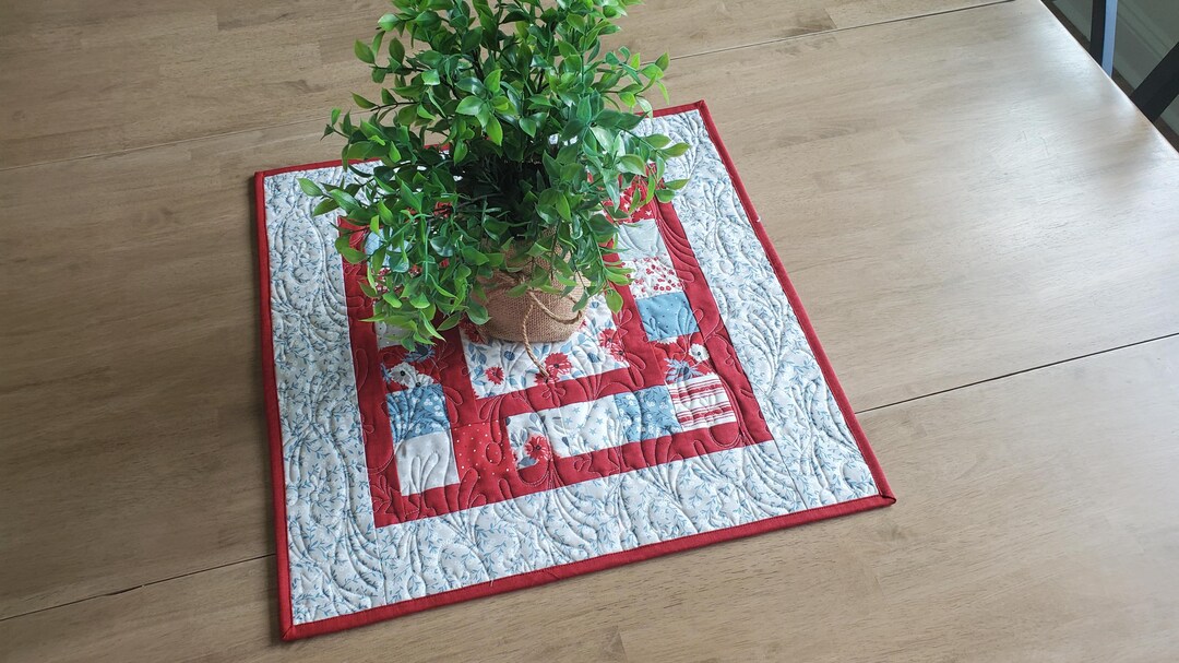 Patriotic Quilted Patchwork Table Topper, Red White and Blue Table Top ...